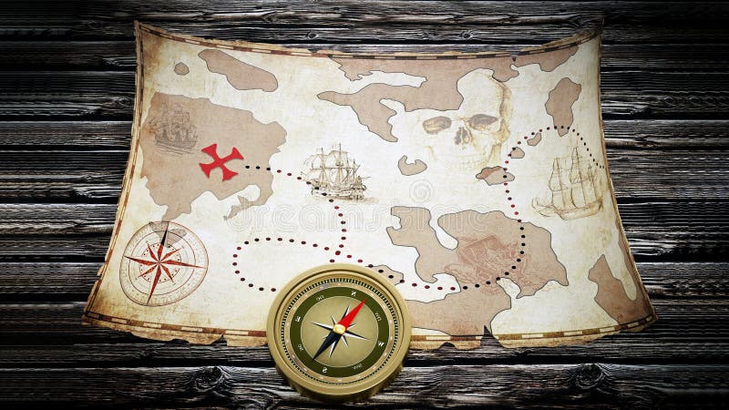 Treasure Map and Vintage Compass Standing on Old Wood Table. 3D ...
