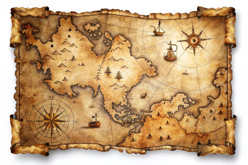 Treasure Medieval Map - Old Pirates Map 3D Illustration Stock ...