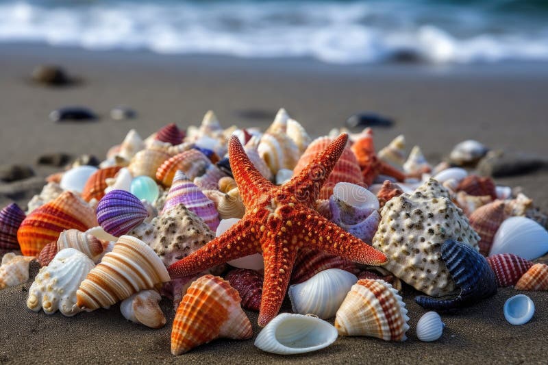 A Treasure Trove of Colorful Shells and Starfish on a Beach Stock Illustration - Illustration of ...