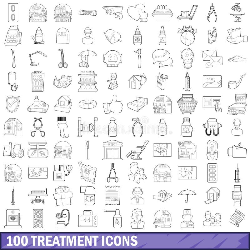 100 Treatment Icons Set, Outline Style Stock Vector - Illustration of ...