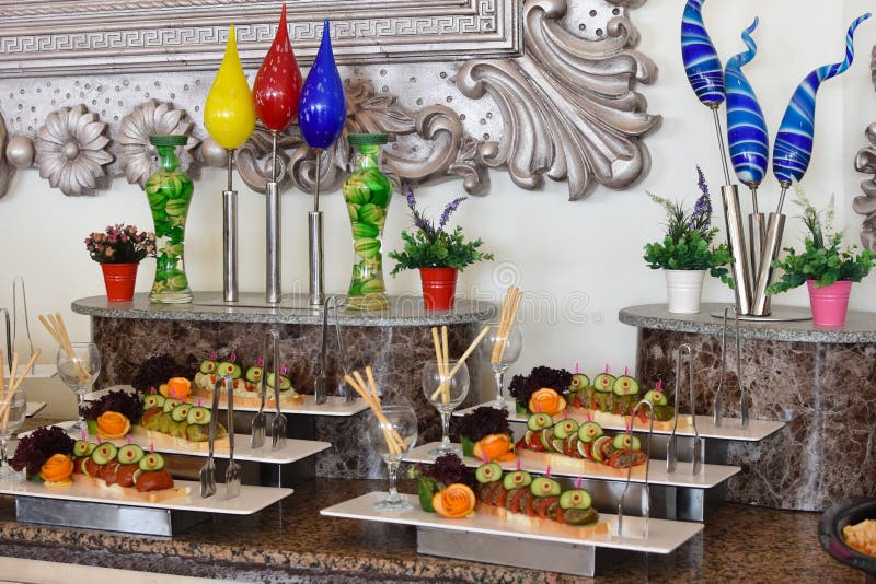 Treats on Table at a Buffet Table. Dishes at Dinner in System ...