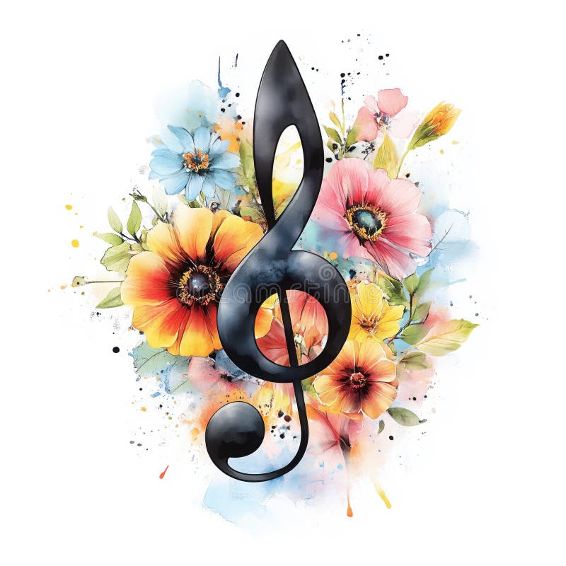 Treble Clef with Flowers Watercolor Isolated Stock Illustration ...