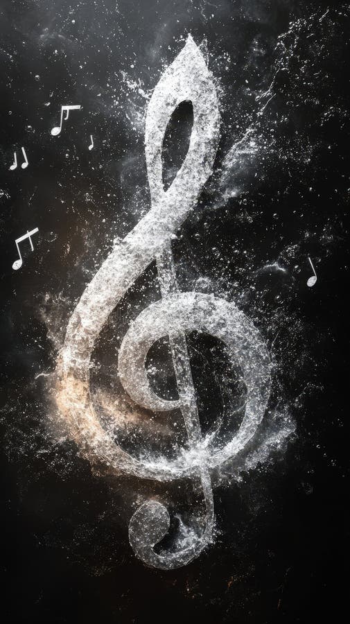 Treble Clef in Icy Texture with Floating Musical Notes on Black ...