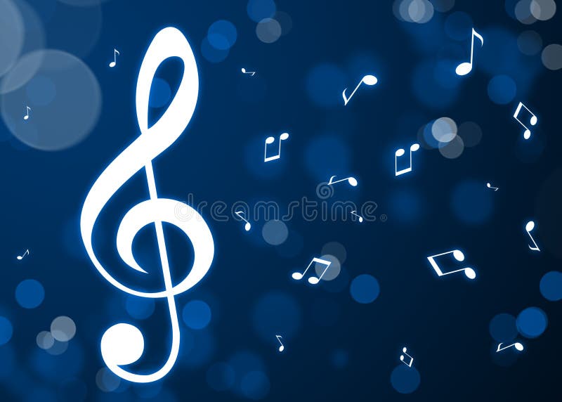 Treble Clef and Music Notes Flying on Blue Background, Bokeh Effect ...