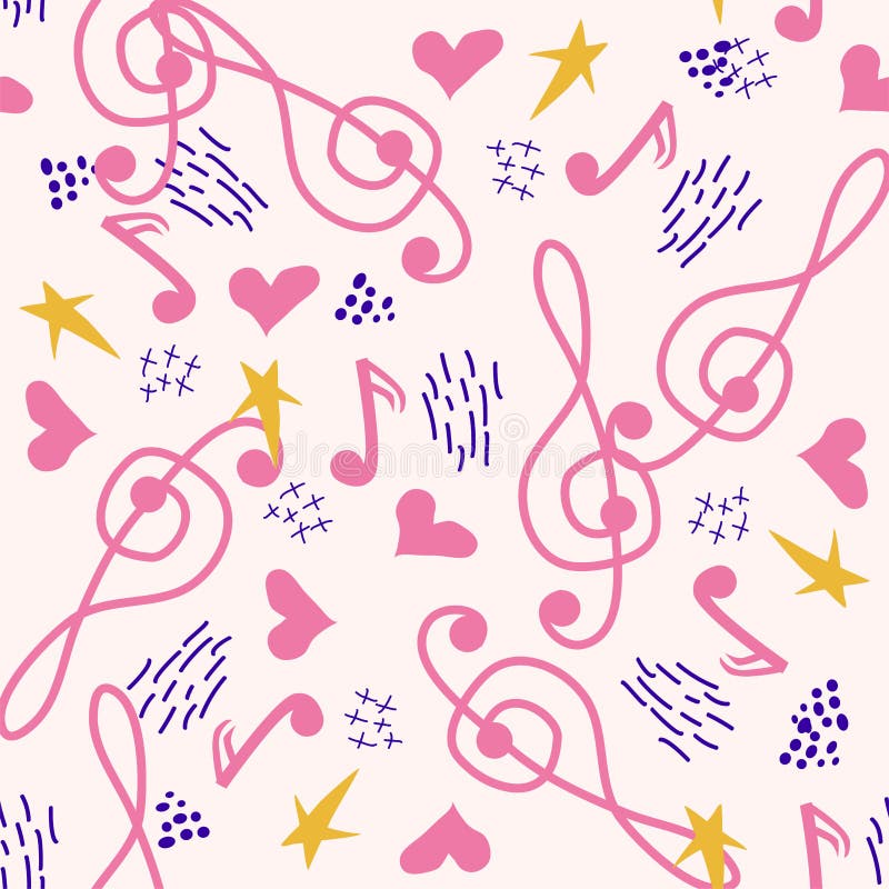 Treble Clef, Notes, Heart, Stars, Abstract Elements Seamless Pattern in ...
