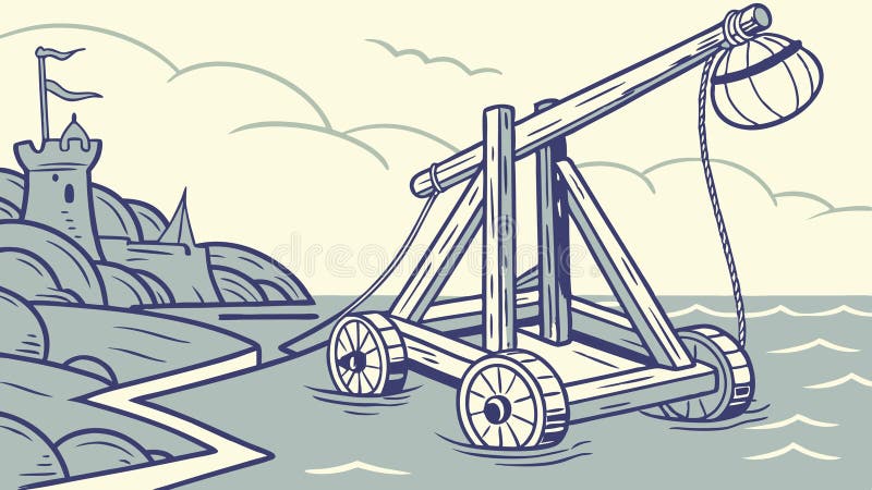 Trebuchet by Castle, Coastal Siege Vector Scene, Medieval, Vector ...