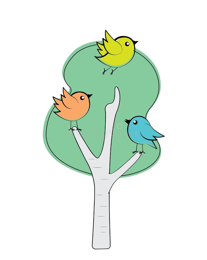 Tree with Birds Cartoon Illustration, Vector. Childish Colorful Wall ...