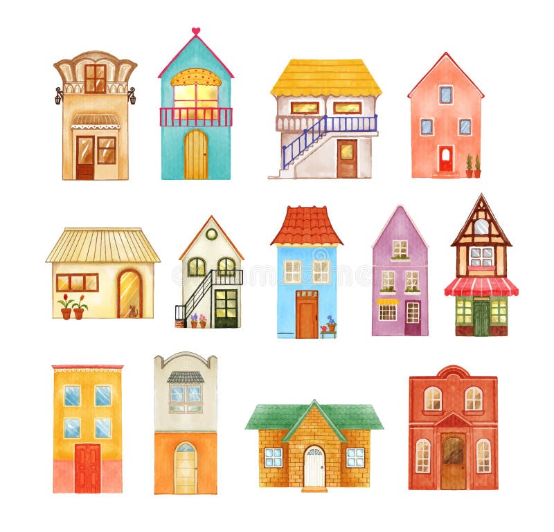 Set of Cute Houses Hand Drawn Buildings Watercolor Vector Illustration ...