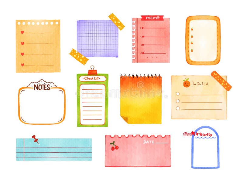 Set of Watercolor Sticky and Memo Label Elements Vector Illustration ...