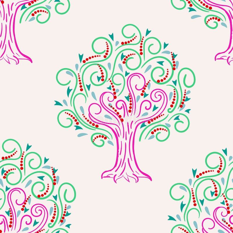 Abstract Seamless Pattern with Cartoon Curly Apple Tree, Forest or ...