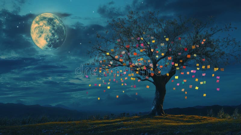 A Tree Adorned with Colorful Notes Under a Full Moon Stock Illustration ...