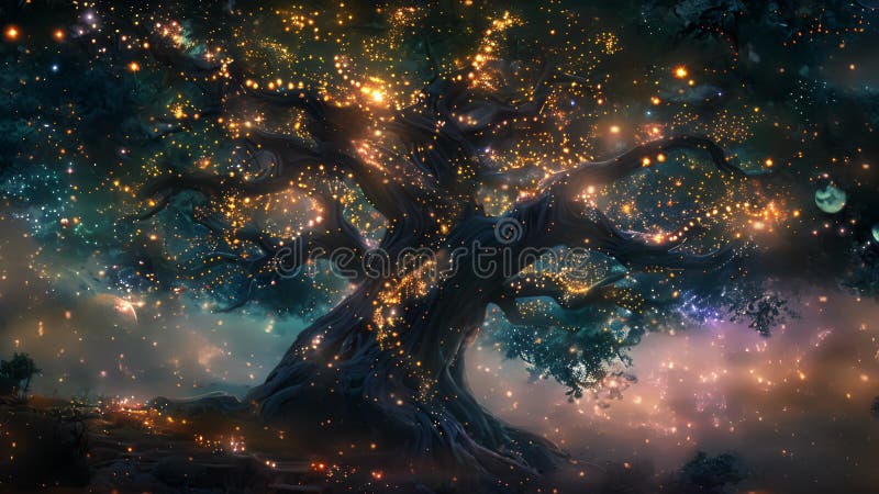 A Tree Adorned with Glowing Constellations Its Canopy Providing Shelter ...