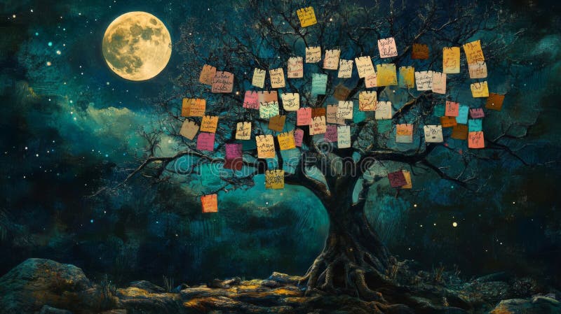 A Tree Adorned with Written Notes Under a Full Moon Stock Illustration ...