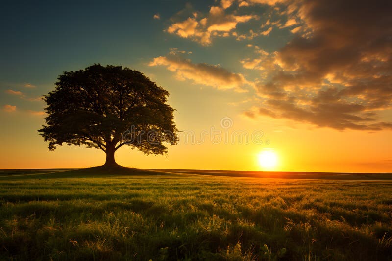 Tree Alone on Meadow in Summer Evening Stock Illustration ...