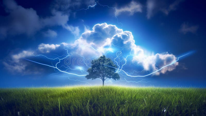 Tree Amidst a Spectacular Lightning Show. Generative Ai Stock ...