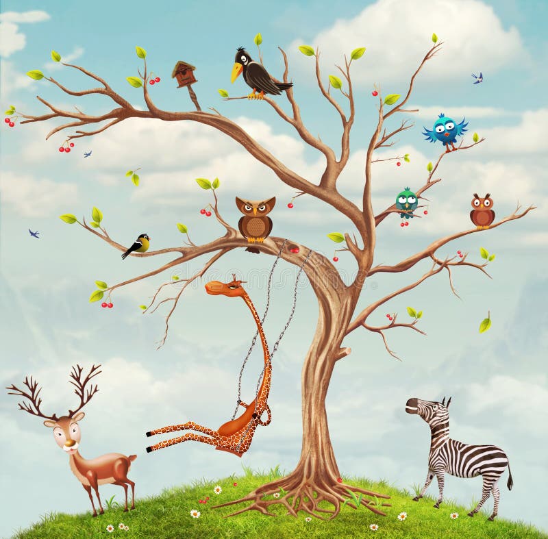Tree with animals stock illustration. Illustration of owls - 33480567