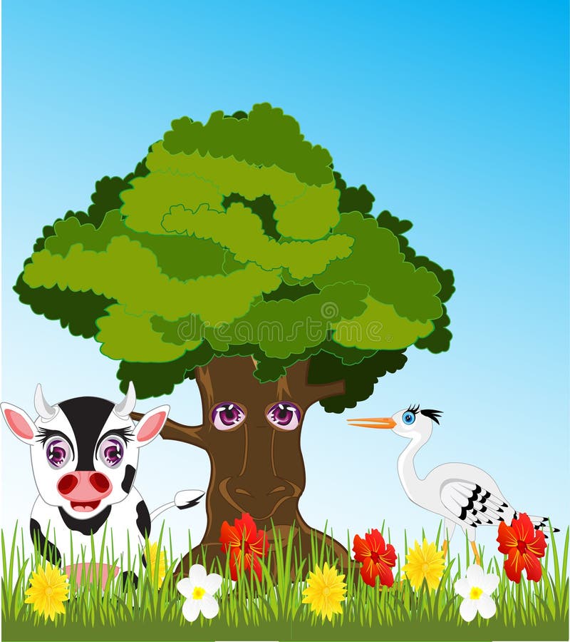 Tree and animals on glade stock vector. Illustration of fauna - 90428054
