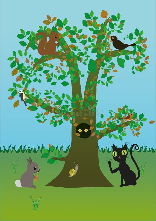 Tree with animals stock vector. Illustration of blackbird - 62836315