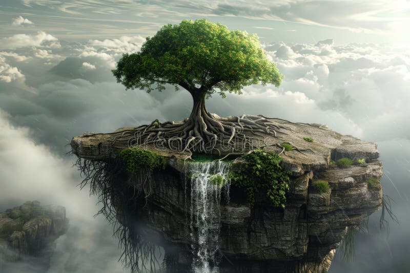 Tree Growing on Rock with Waterfall Stock Illustration - Illustration ...