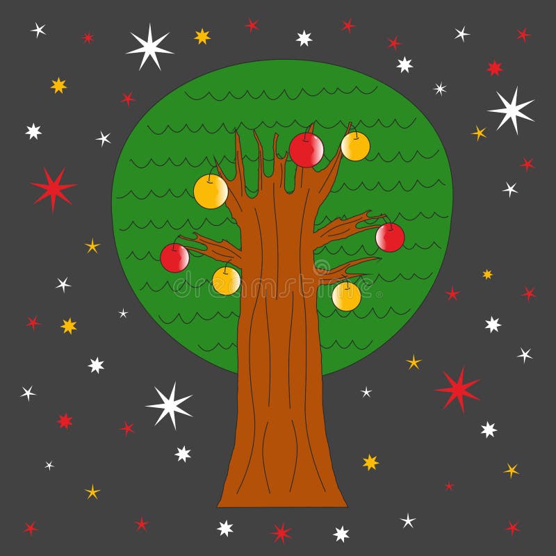 Tree with apples at night stock illustration. Illustration of apple ...