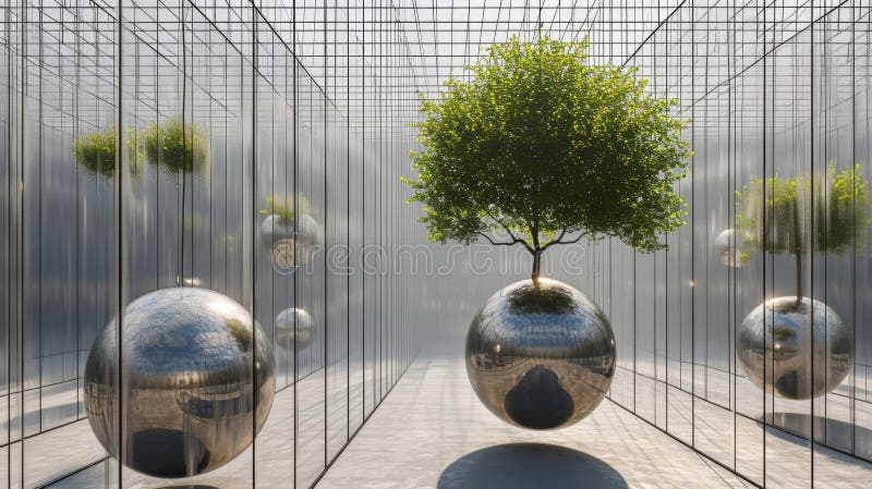 Tree Atop a Reflective Sphere in Bright Surreal Setting Stock ...