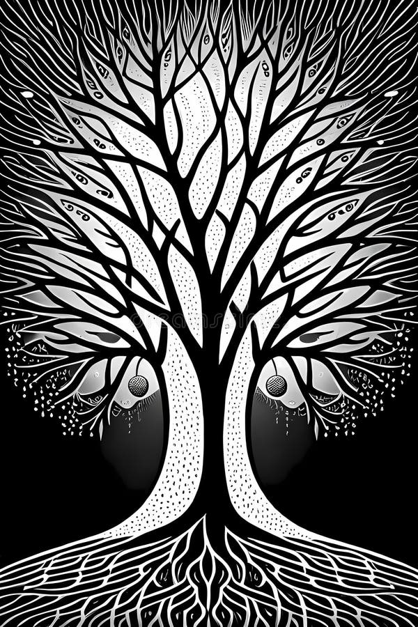 Black And White Tree With Roots And Branches