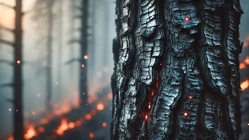 Tree Bark Charred by Fire. the Bark is Blackened and Cracked, with ...