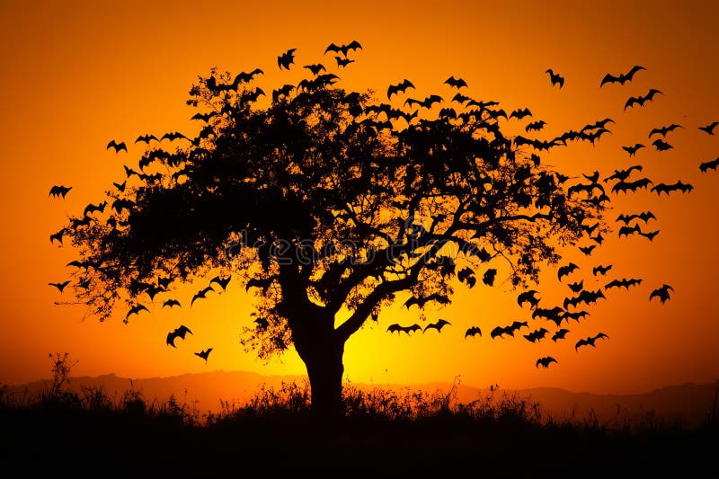 A Tree with Bats Flying Around it at Sunset Stock Illustration ...