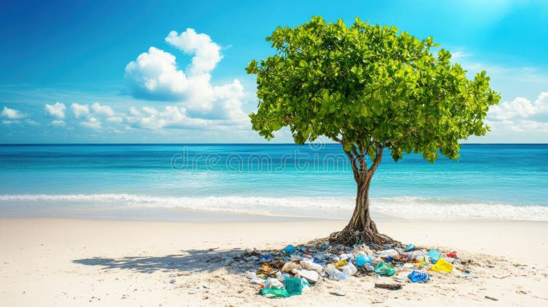 A Tree on the Beach with Trash Around it, AI Stock Image - Image of ...