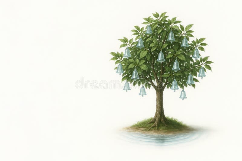 Tree with Bells instead of Fruits, Fantasy Illustration. Space for Text ...