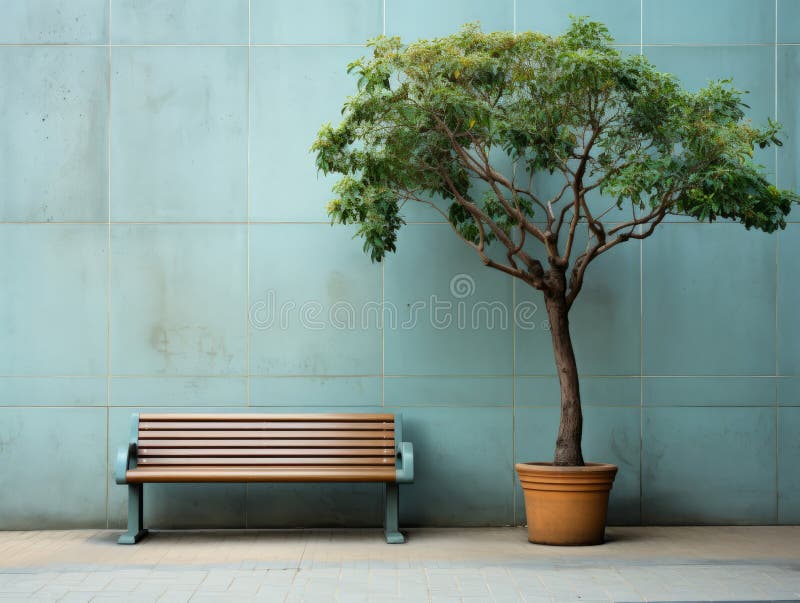A Tree and a Bench in Front of a Wall Stock Illustration - Illustration ...