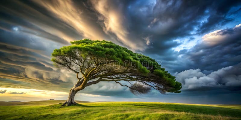 Tree Bending in Powerful Windstorm Stock Illustration - Illustration of ...