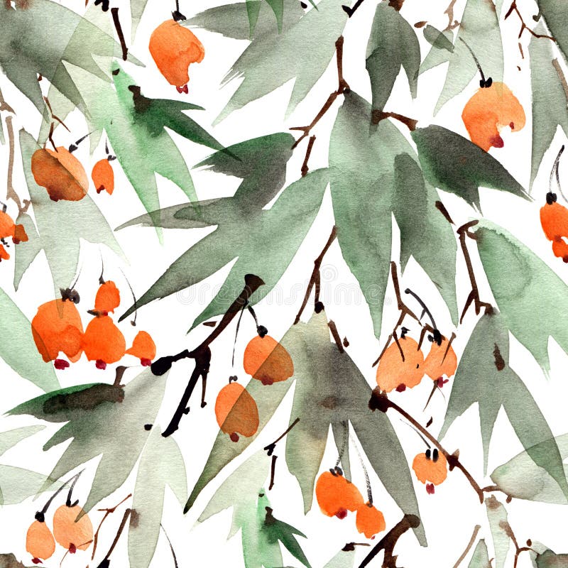 Tree and Berries Pattern on White Background Stock Illustration ...