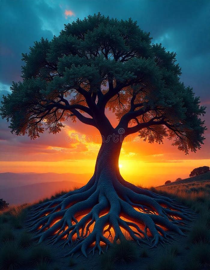 Tree with big roots stock illustration. Illustration of morning - 359816380