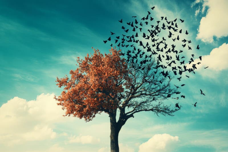 Tree with a Bird S Nest on it and a Flock of Birds Flying Around it ...