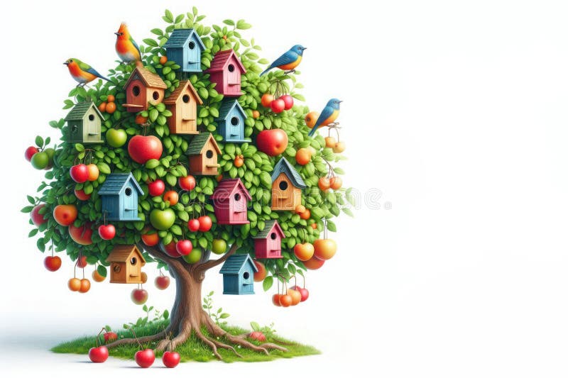 Tree with Birdhouses and Fruits. Space for Text. Stock Image - Image of ...
