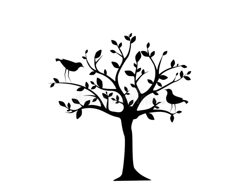 Tree Illustration and Birds Silhouettes, Vector. Two Birds on Tree ...
