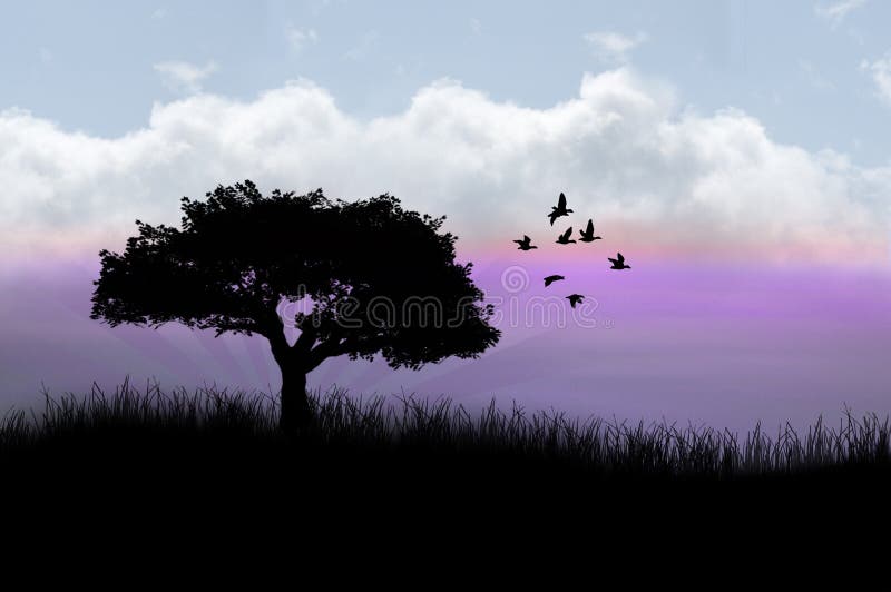 Tree with birds flying stock image. Image of silhouette - 15381643
