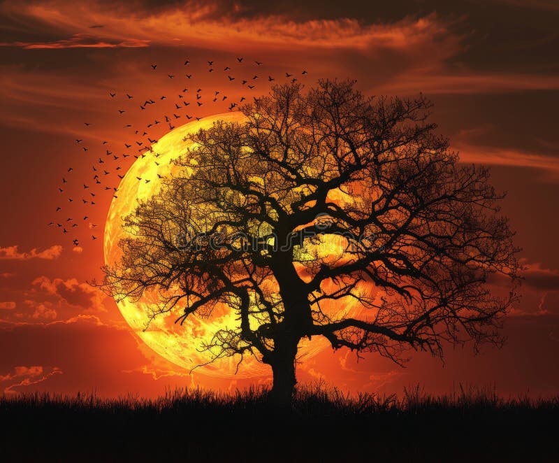 Tree with Birds Flying in Front of Full Moon Stock Illustration ...