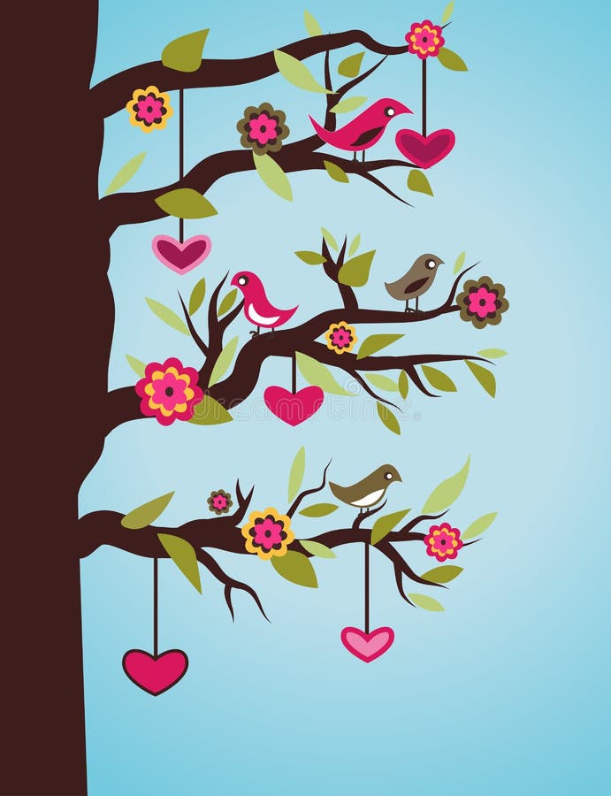Stylized Bird Couple on Tree Stock Vector - Illustration of heart ...