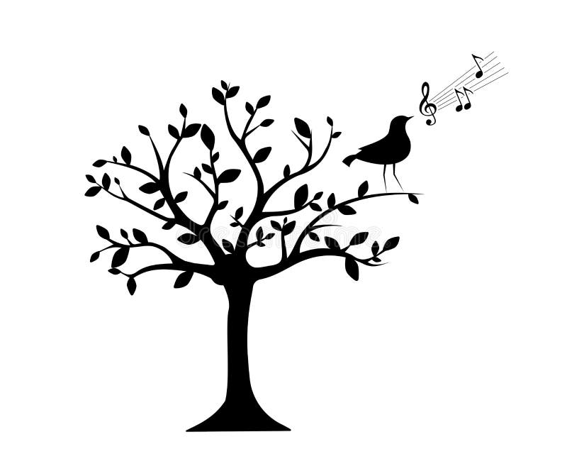 Tree Silhouette and Singing Bird, Vector. Bird on Tree, Illustration ...