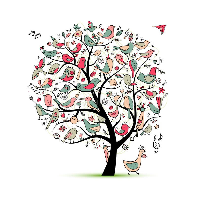 Tree with Birds, Sketch for Your Design Stock Vector - Illustration of ...