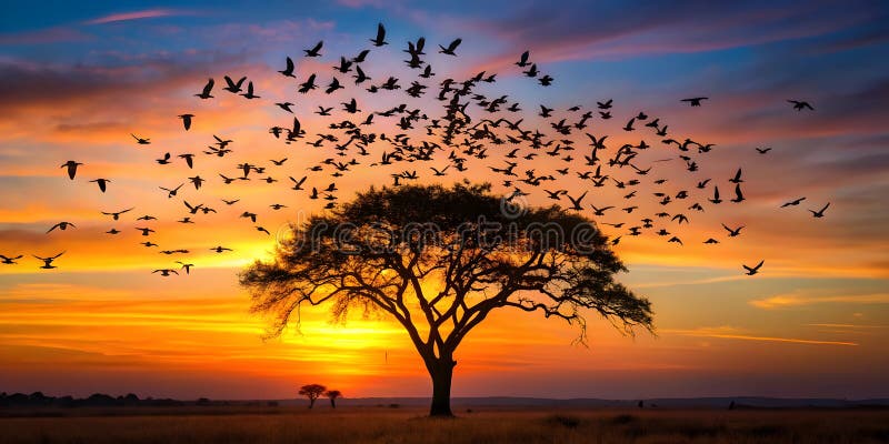 Tree with Birds Taking Flight at Dusk Stock Illustration - Illustration ...