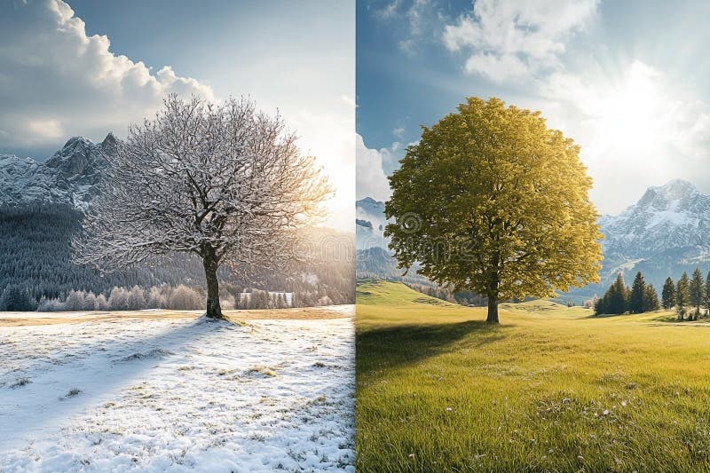 A Tree Bisected by Winter and Summer Showcasing Nature S Contrasting ...