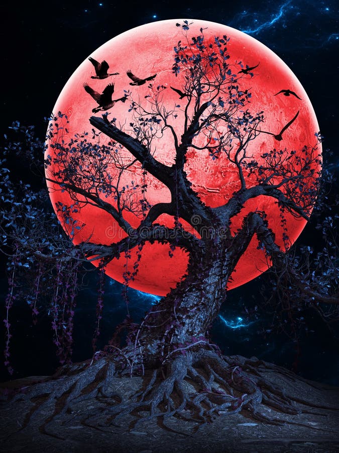 Tree and blood moon stock illustration. Illustration of artwork - 274259346