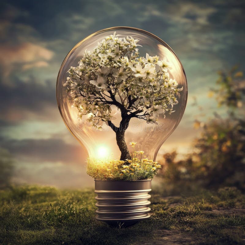 Tree Blooming Inside Light Bulb Against Sunset Sky in Nature Stock ...