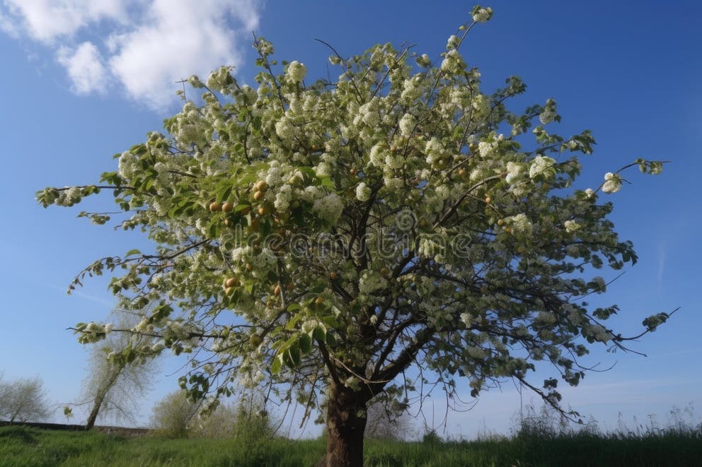 Tree in Blossom, with Sprouting Leaves and Fruit Visible Stock ...