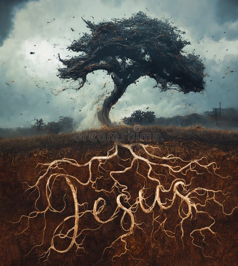Tree Blown in Storm with Jesus Roots Stock Illustration - Illustration ...