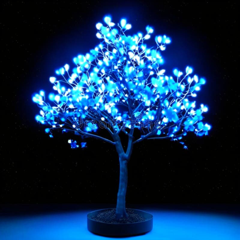 Tree with Blue Lights on a Black Background. 3D Rendering Stock ...