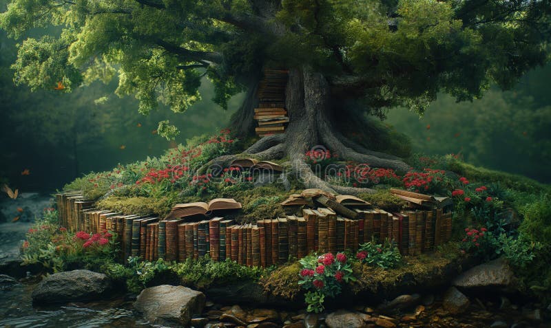 Tree with Books on an Abstract Background. Stock Image - Image of ...